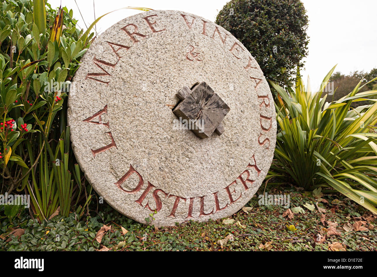 La Mare Vineyards Distillery sign on round milling stone at entrance ...