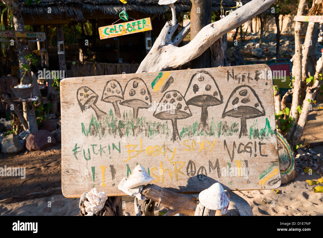 Outdoor bar menu with mushrooms on Gilli Island, Indonesia Stock Photo ...
