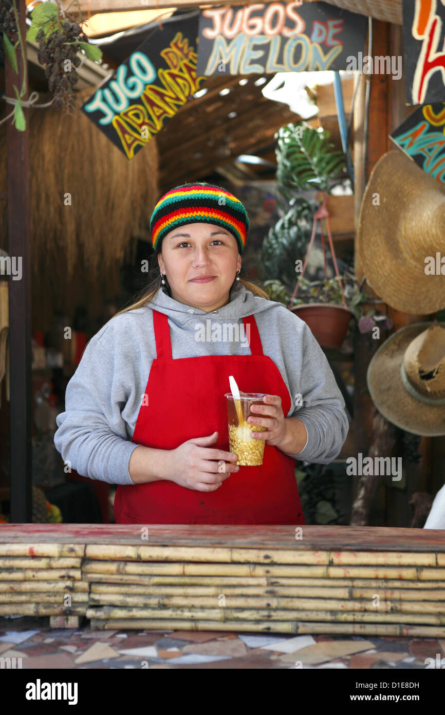 Cafe stall selling mote con huesillo (dried peach cordial with wheat ...