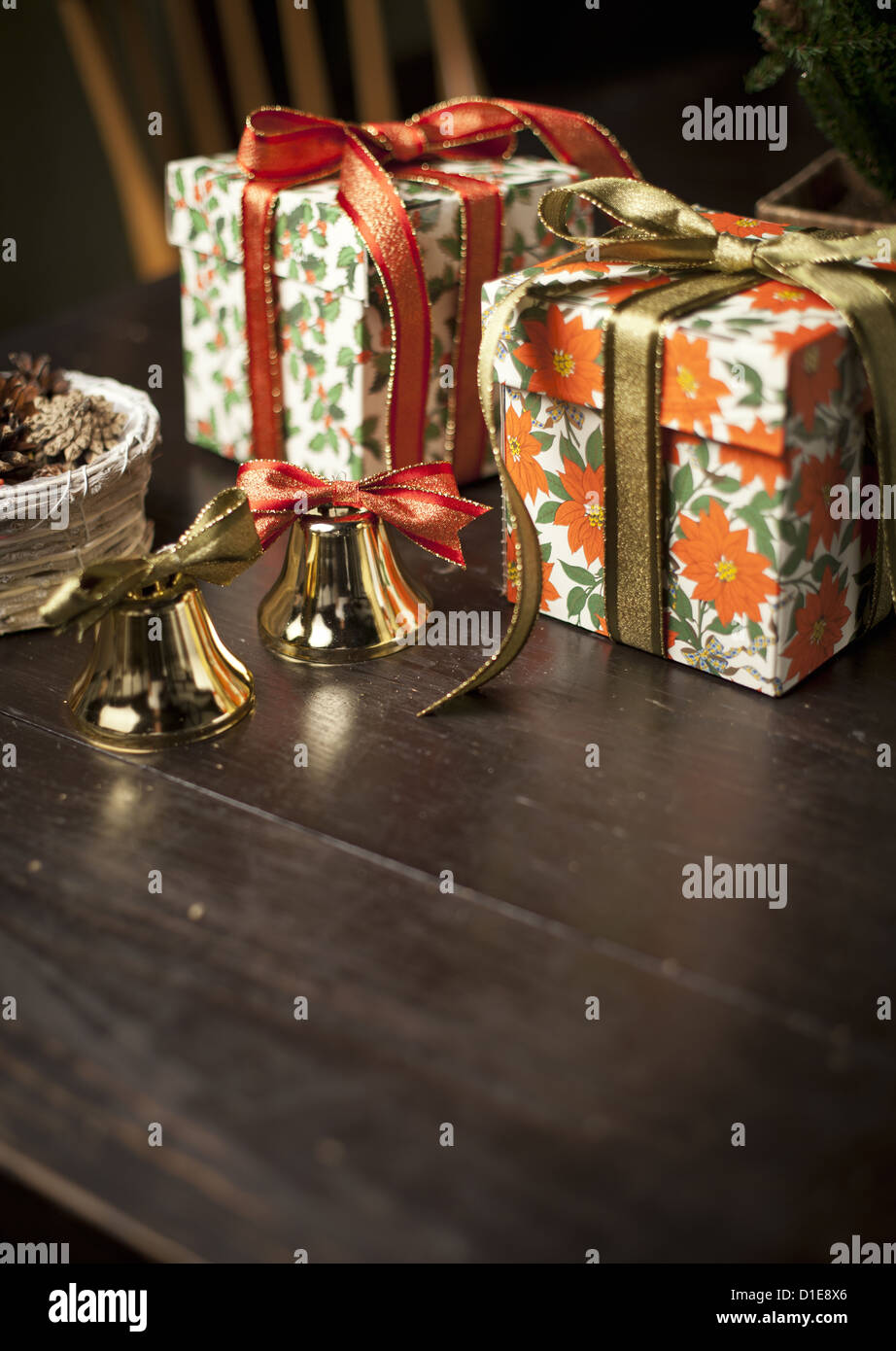 Bells and gift boxes Stock Photo - Alamy
