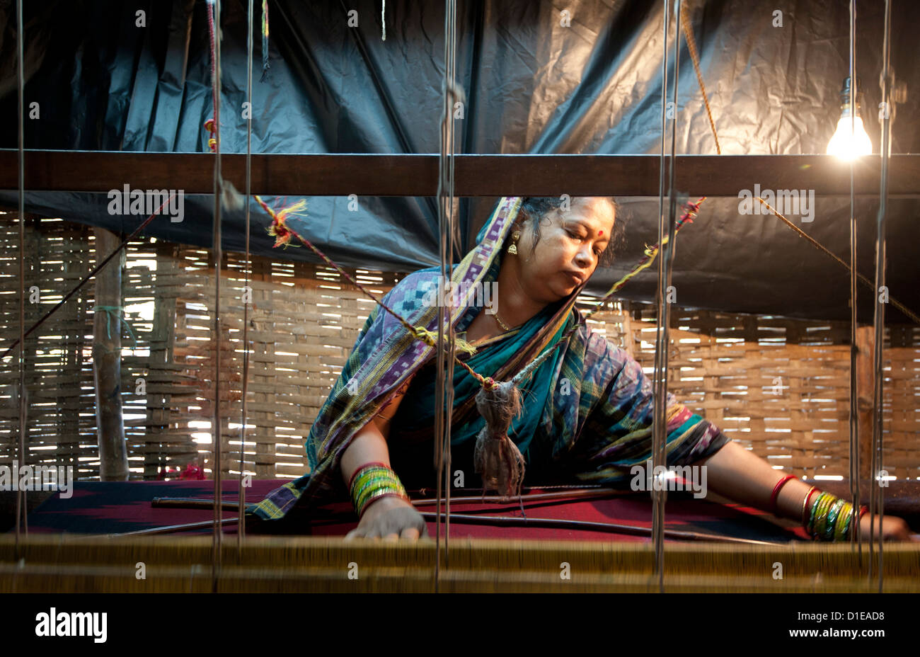 Woman in blue patterned sari weaving at loom in rough village shack ...