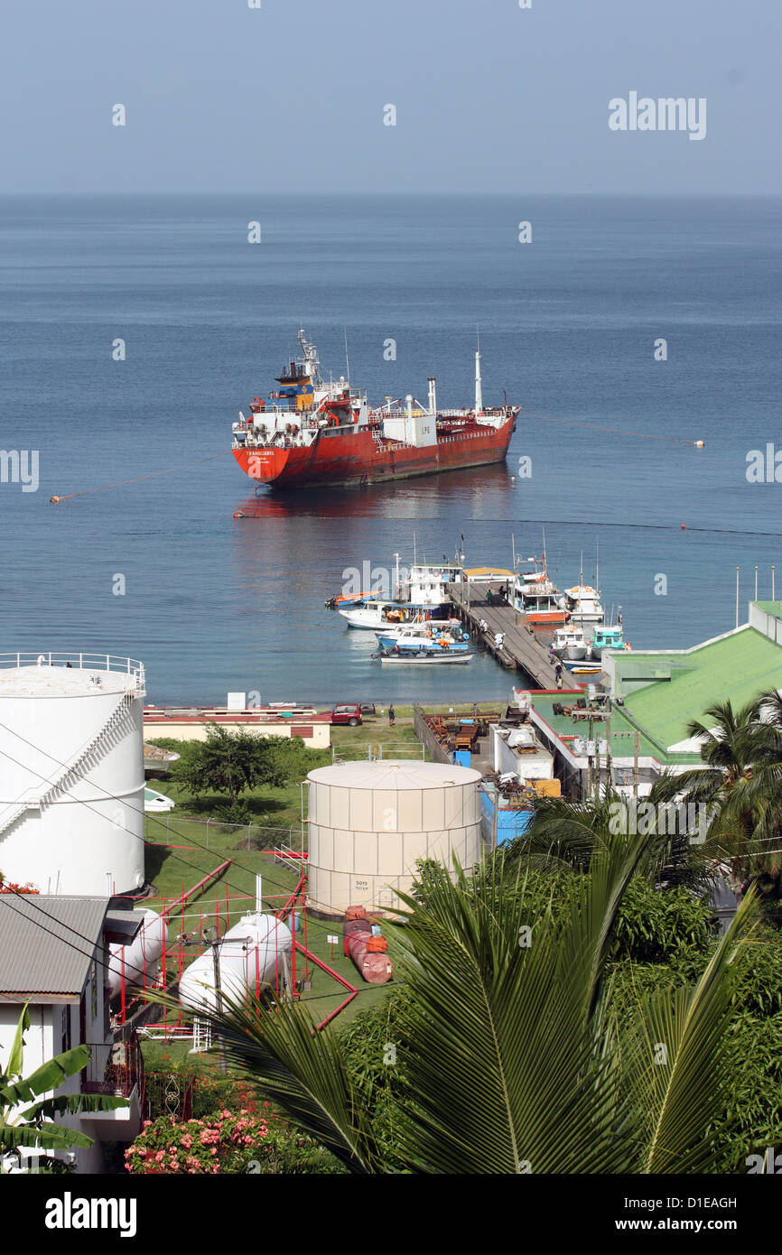 Grenada. Grand Mal Bay. View of fuel tanker offshore from storage tanks ...