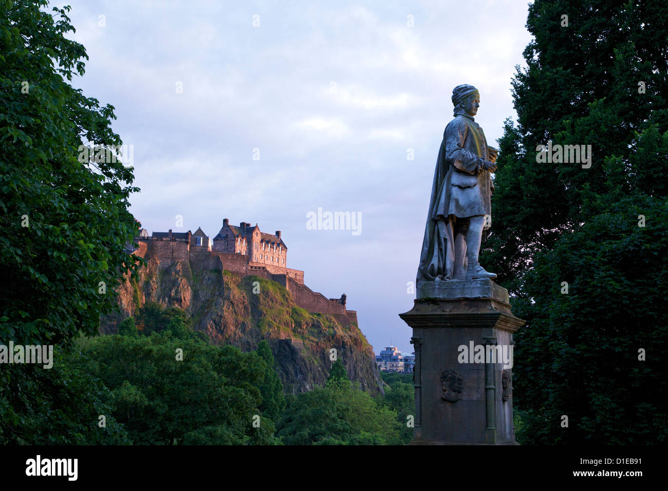 Statue of Allan Ramsay, with Edinburgh Castle at sunset from West ...