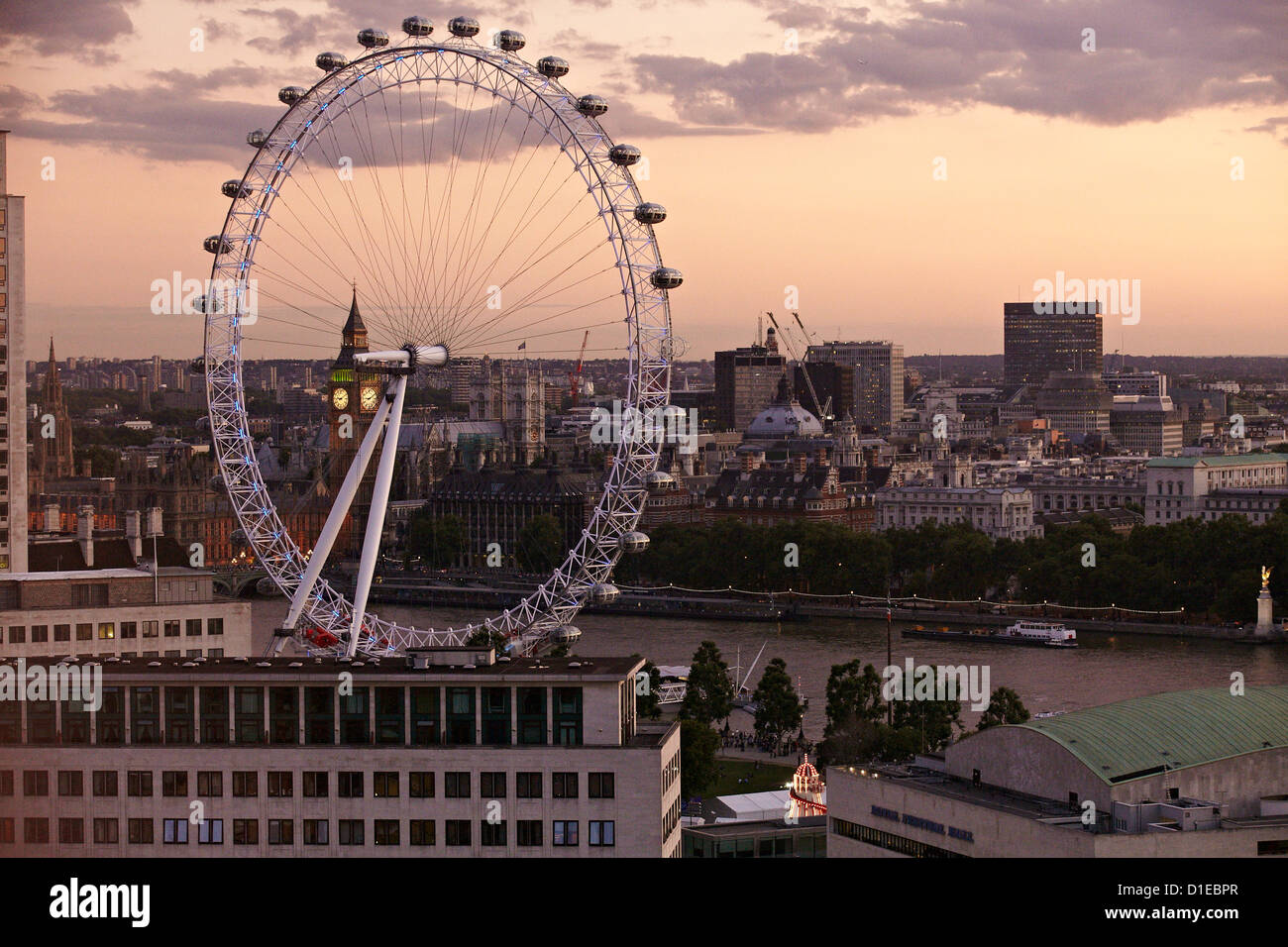 View over London West End skyline with the London Eye in the foreground ...