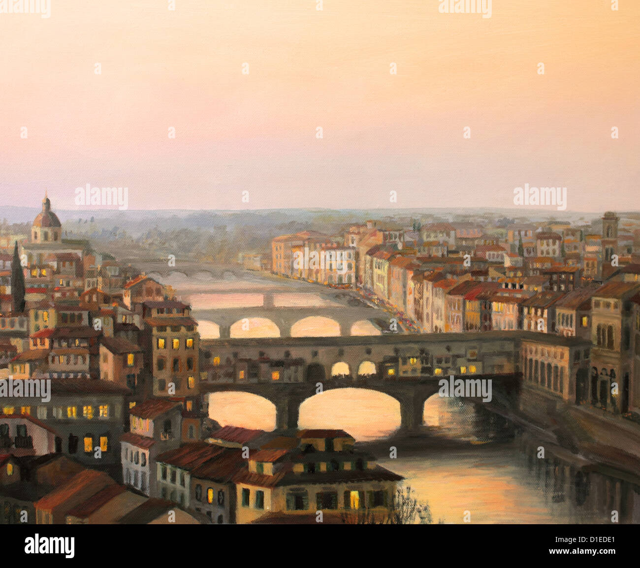 Sunset over Florence with the river and ponte vecchio in warm light ...