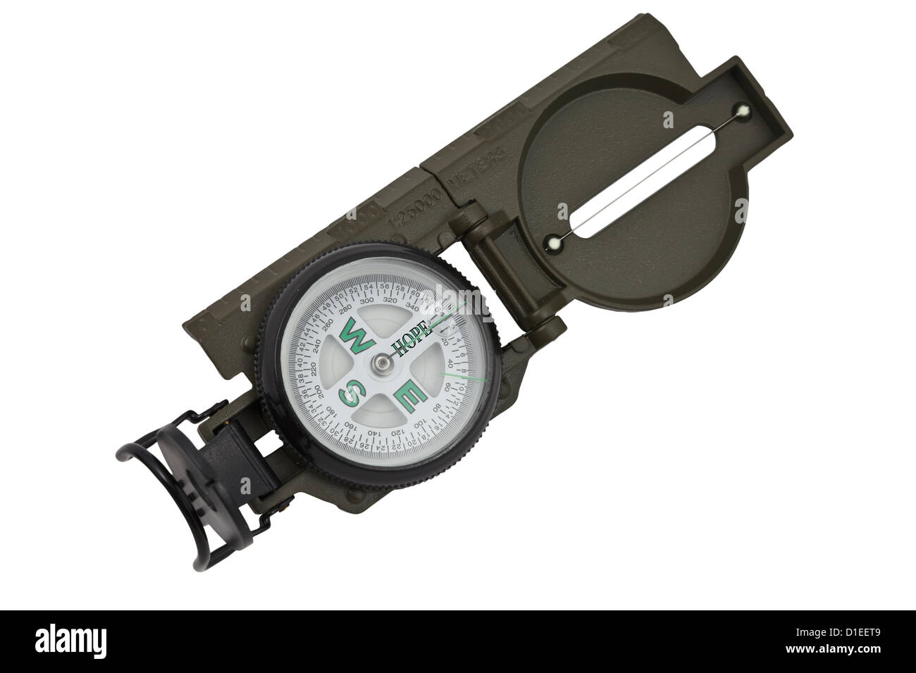 Military style compass pointing the way to hope, isolated on white with ...