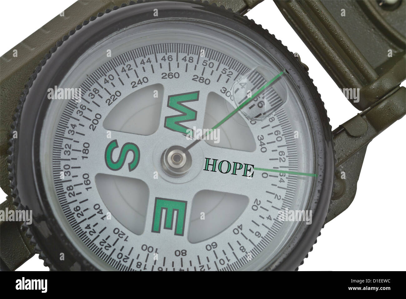 Military style compass pointing the way to hope, isolated on white with ...