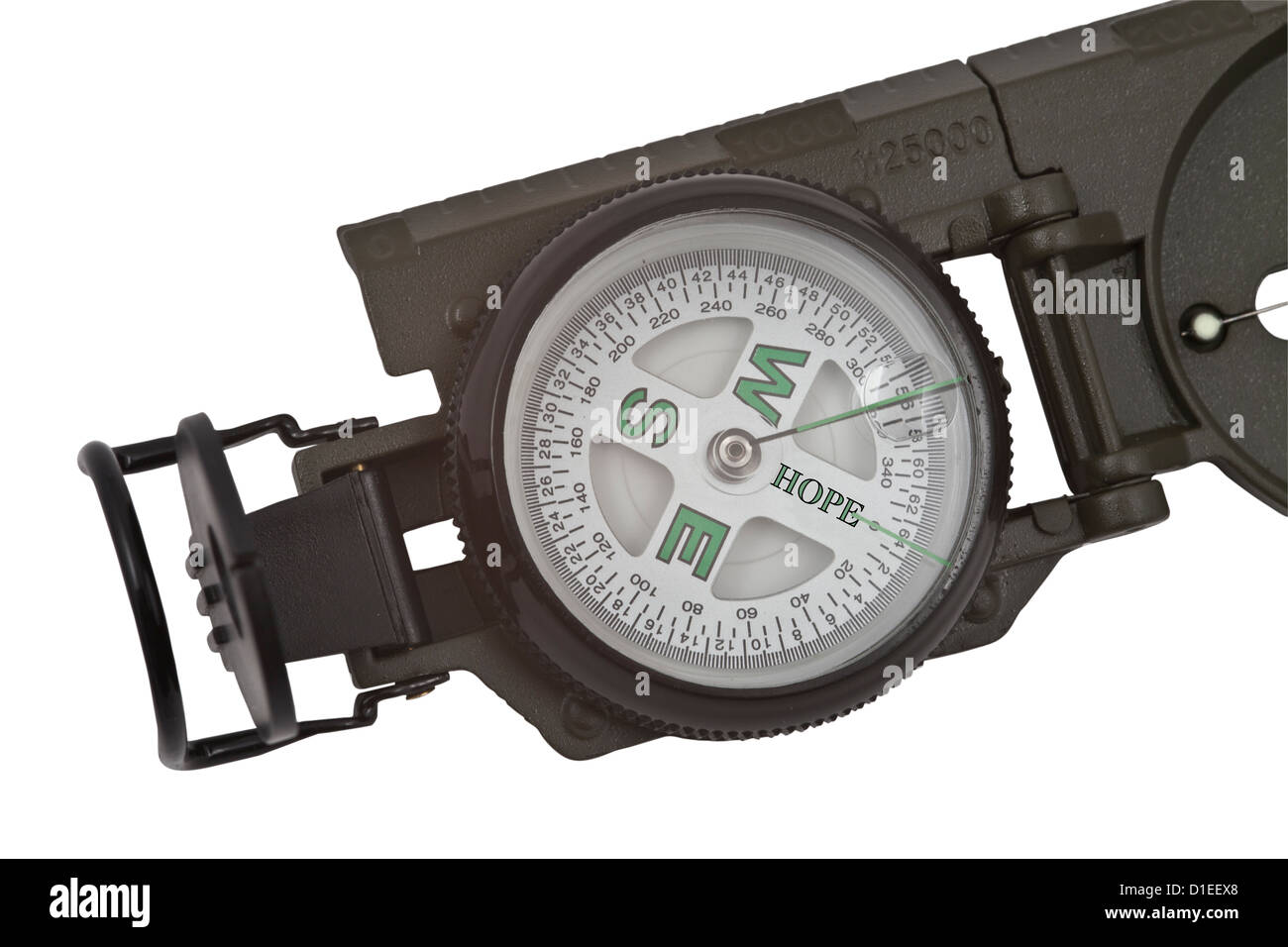 Military style compass pointing the way to hope, isolated on white with ...