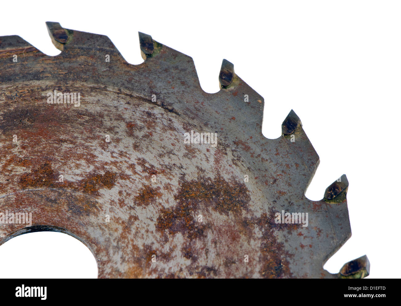 Retro rusty circular saw disk part closeup isolated on white bakcgound ...