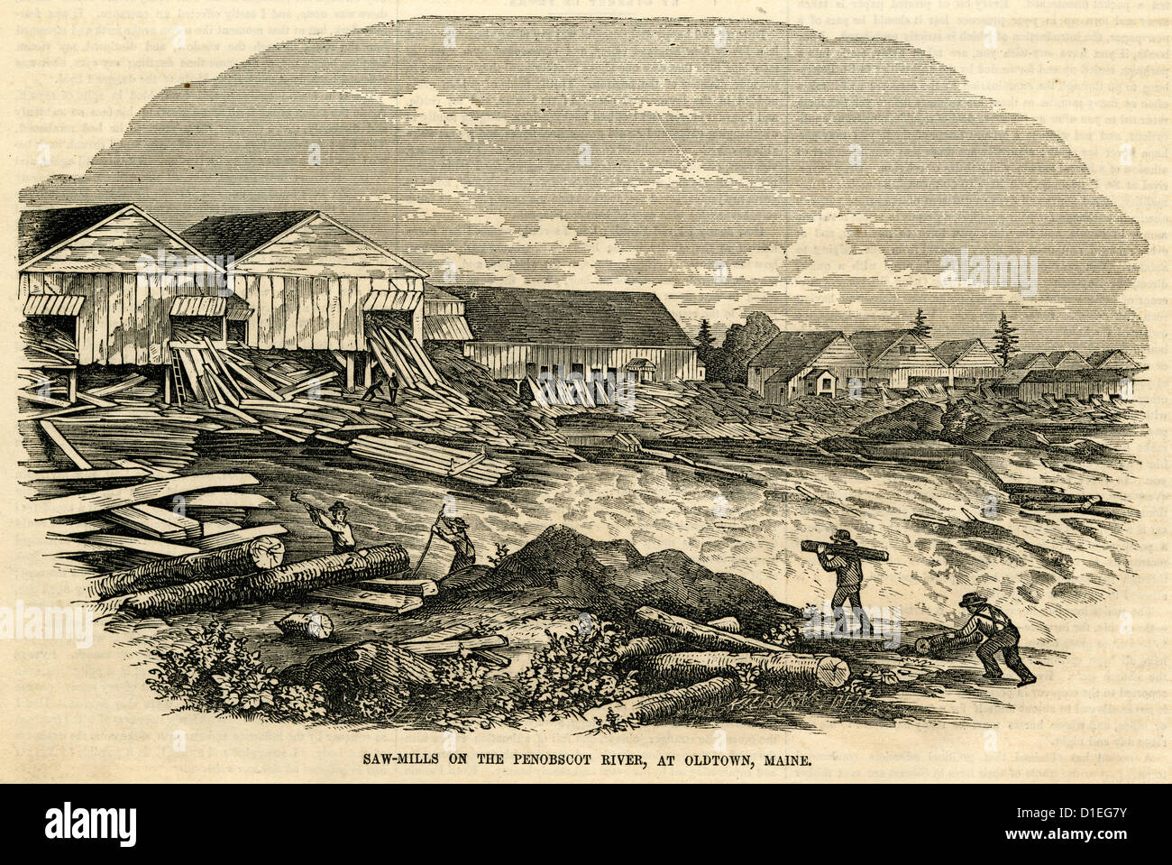 1854 engraving, Saw Mills on the Penobscot River at Old Town, Maine ...