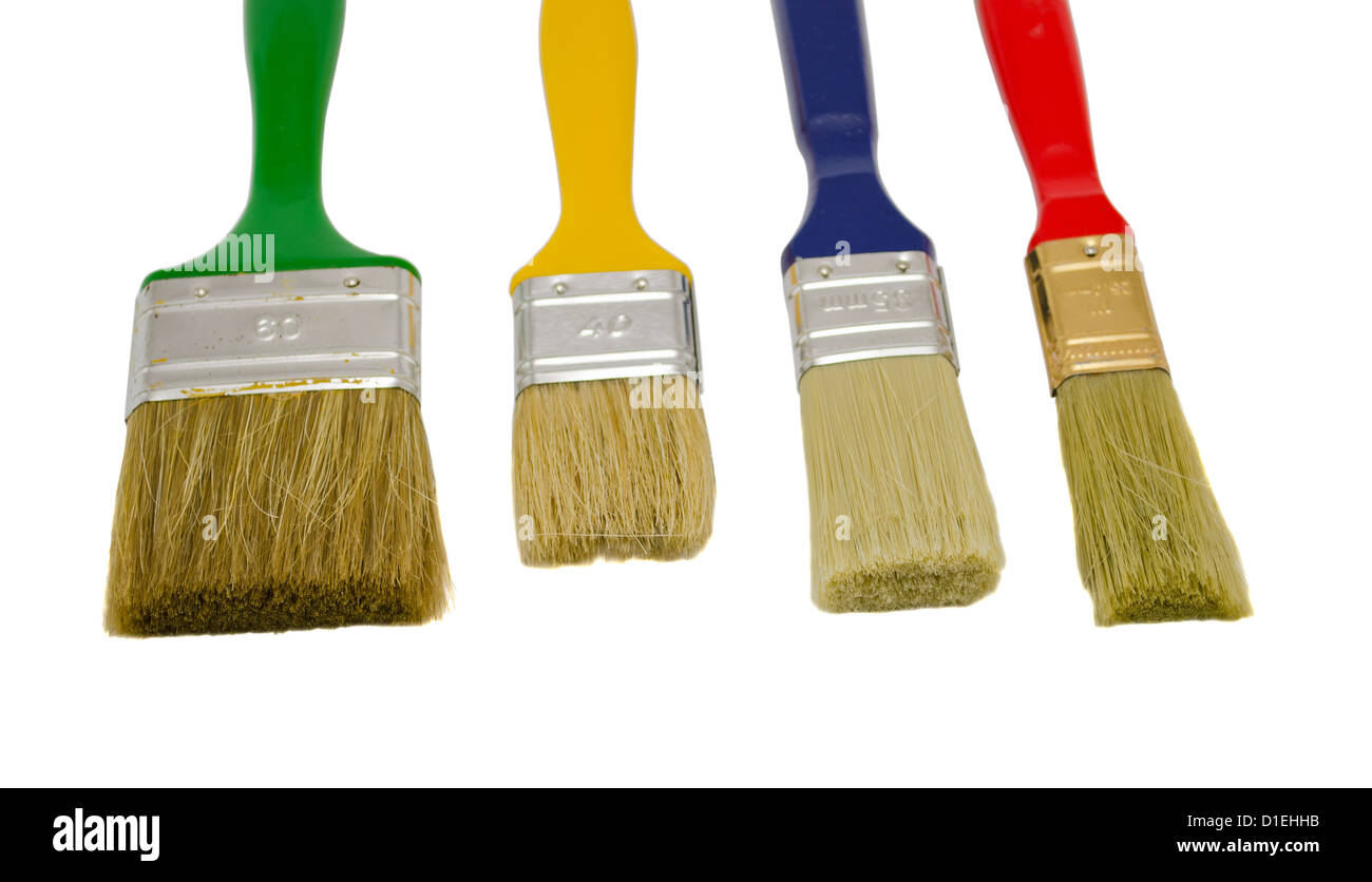 different colors and size paint brushes isolated on white background ...