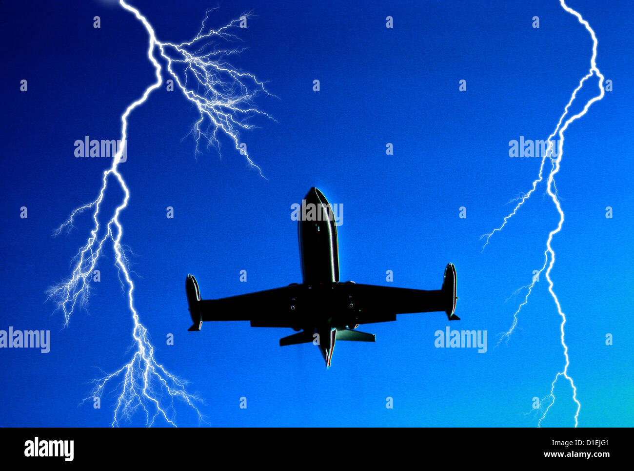 lightning bolts near commercial jet in landing procedure Stock Photo ...
