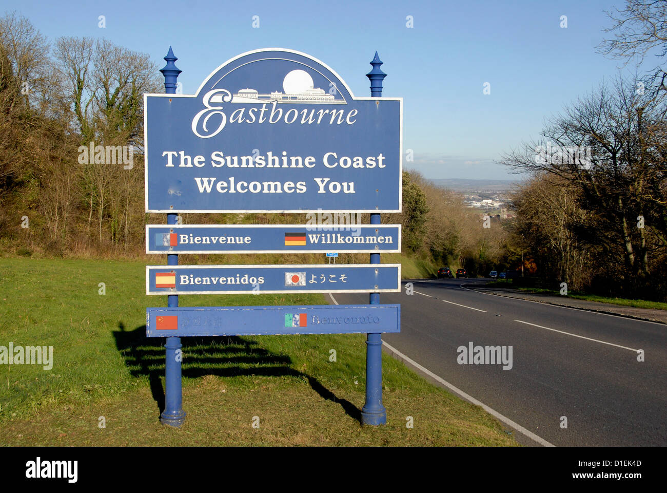 Welcome to Eastbourne sign with Sunshine Coast, Sussex, UK Stock Photo ...