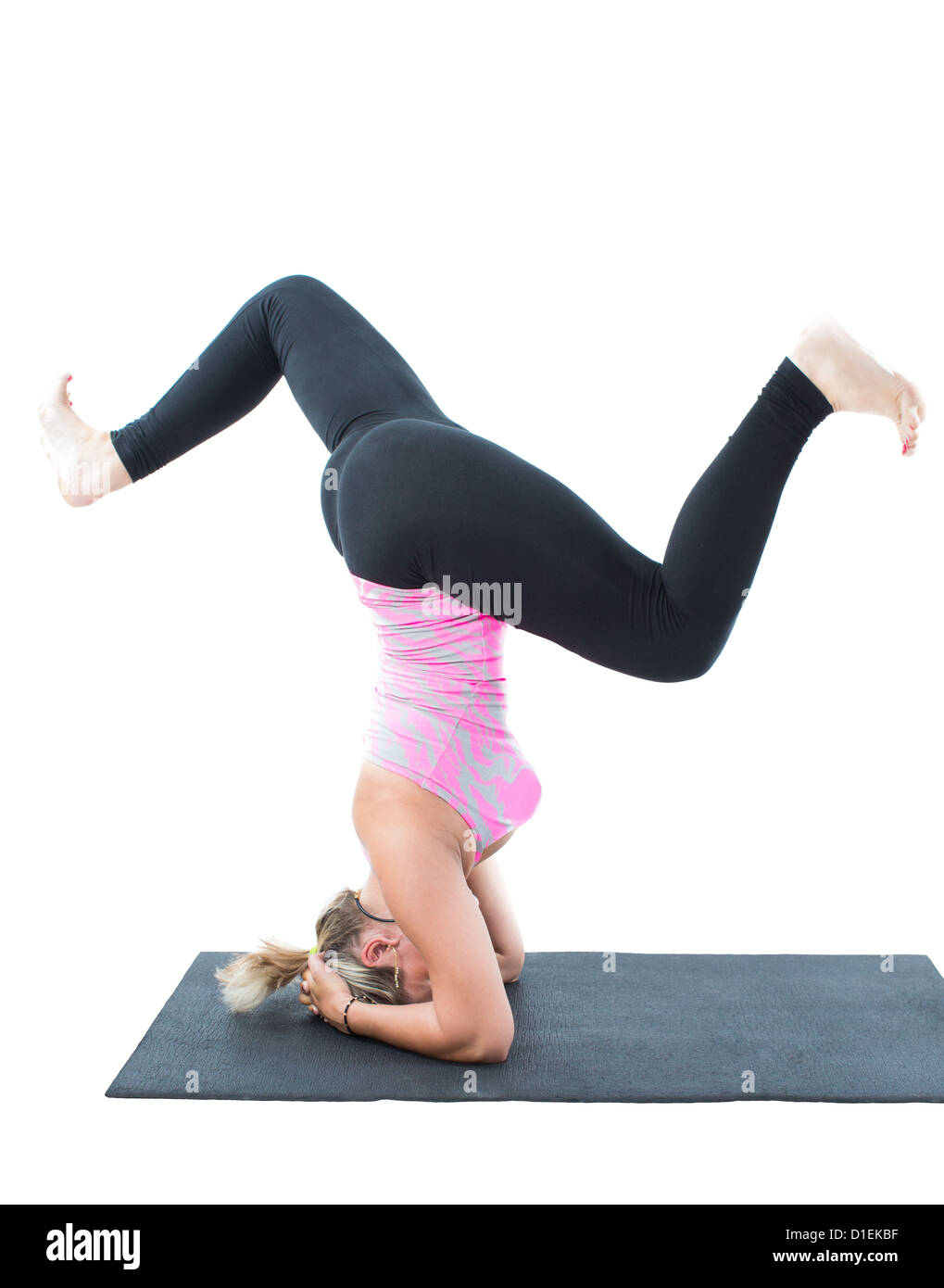 fitness woman make stretch on yoga and pilates pose on isolated white ...