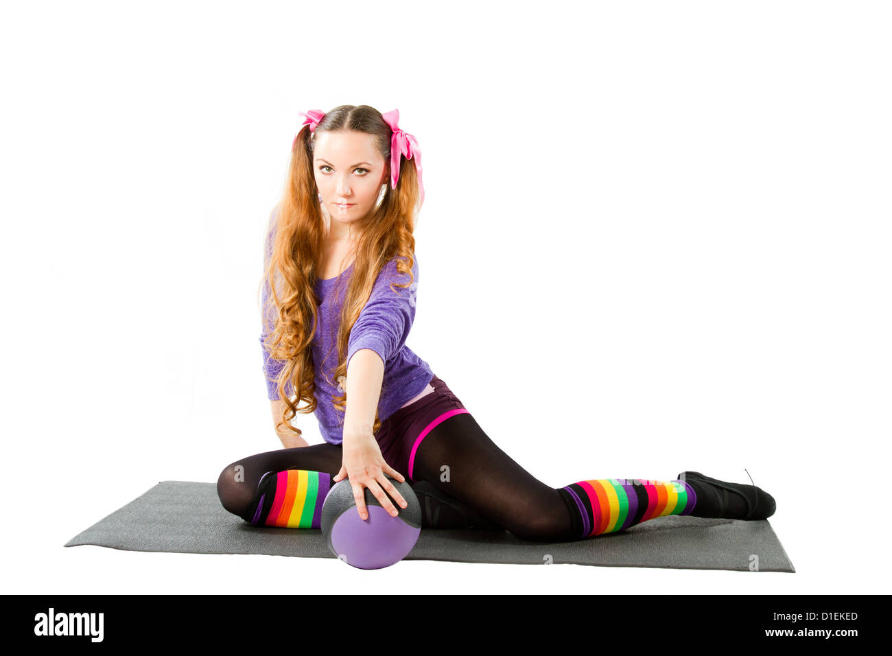 fitness woman make stretch on yoga pose on isolated white background ...