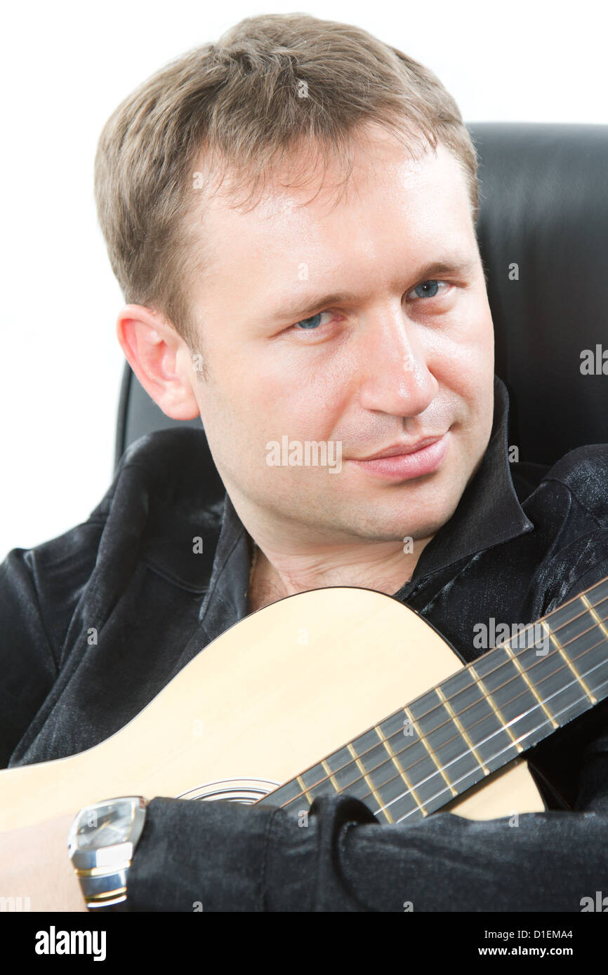 Guitarist playing acoustic six-string guitar isolated on white Details ...