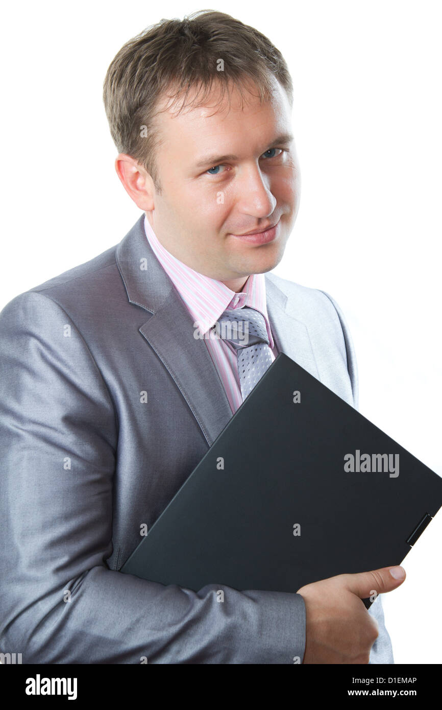 Portrait of handsome business man with notebook on white background ...