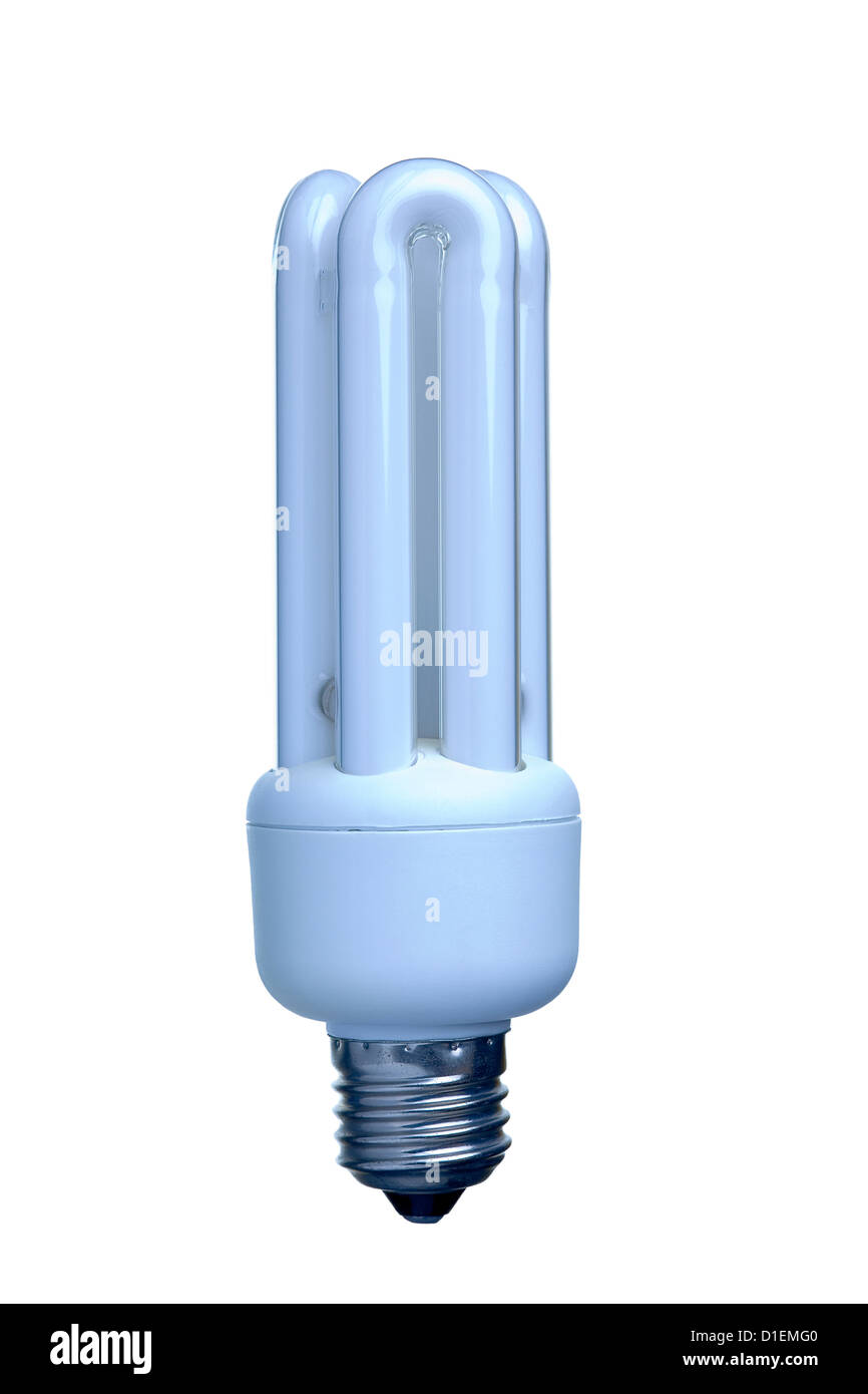 Close up of a fluorescent light bulb, isolated on white background ...