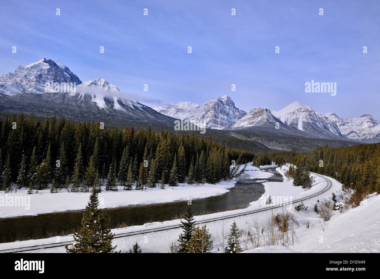 CP Rail Line and the Bow river at Morant's Curve, with the Bow Range ...
