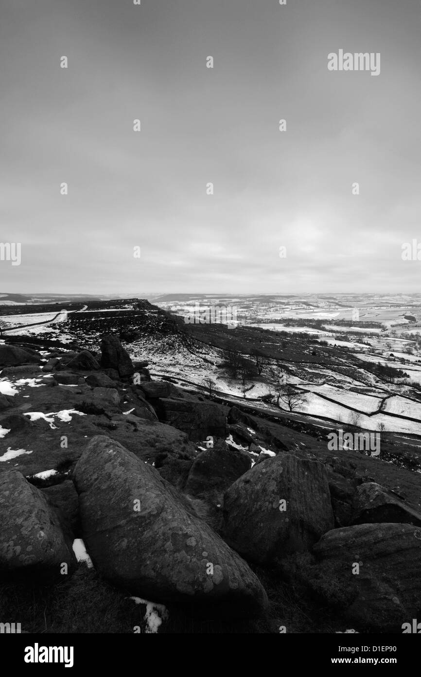 panoramic image, Winter snow on Curbar Edge, Peak District National ...