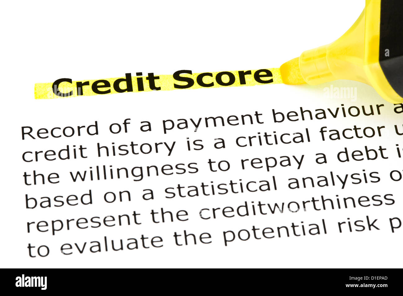 Definition of Credit Score highlighted in yellow with felt tip pen ...