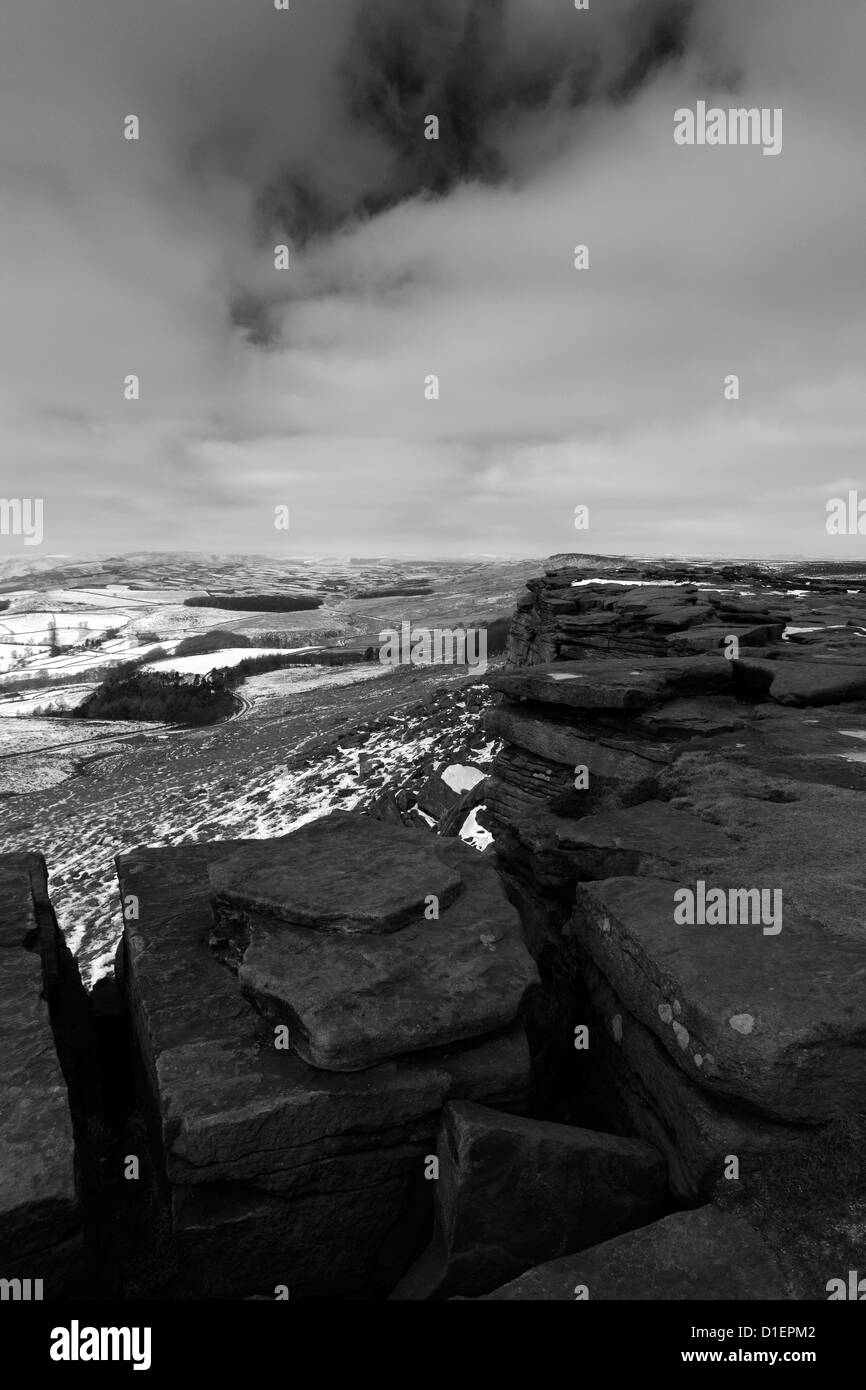 Black and White panoramic image, Winter snow on Stanage Edge, Peak ...