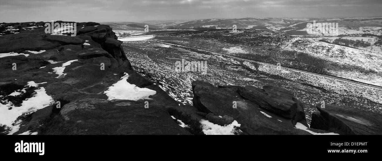 Black and White panoramic image, Winter snow on Stanage Edge, Peak ...