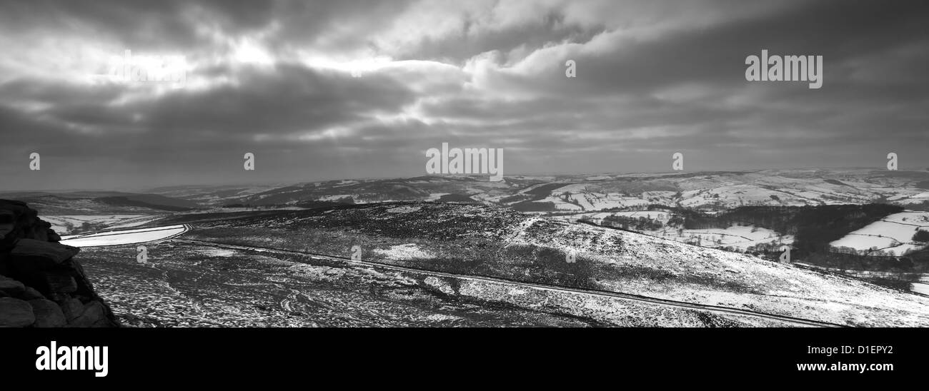 Black and White panoramic image, Winter snow on Stanage Edge, Peak ...