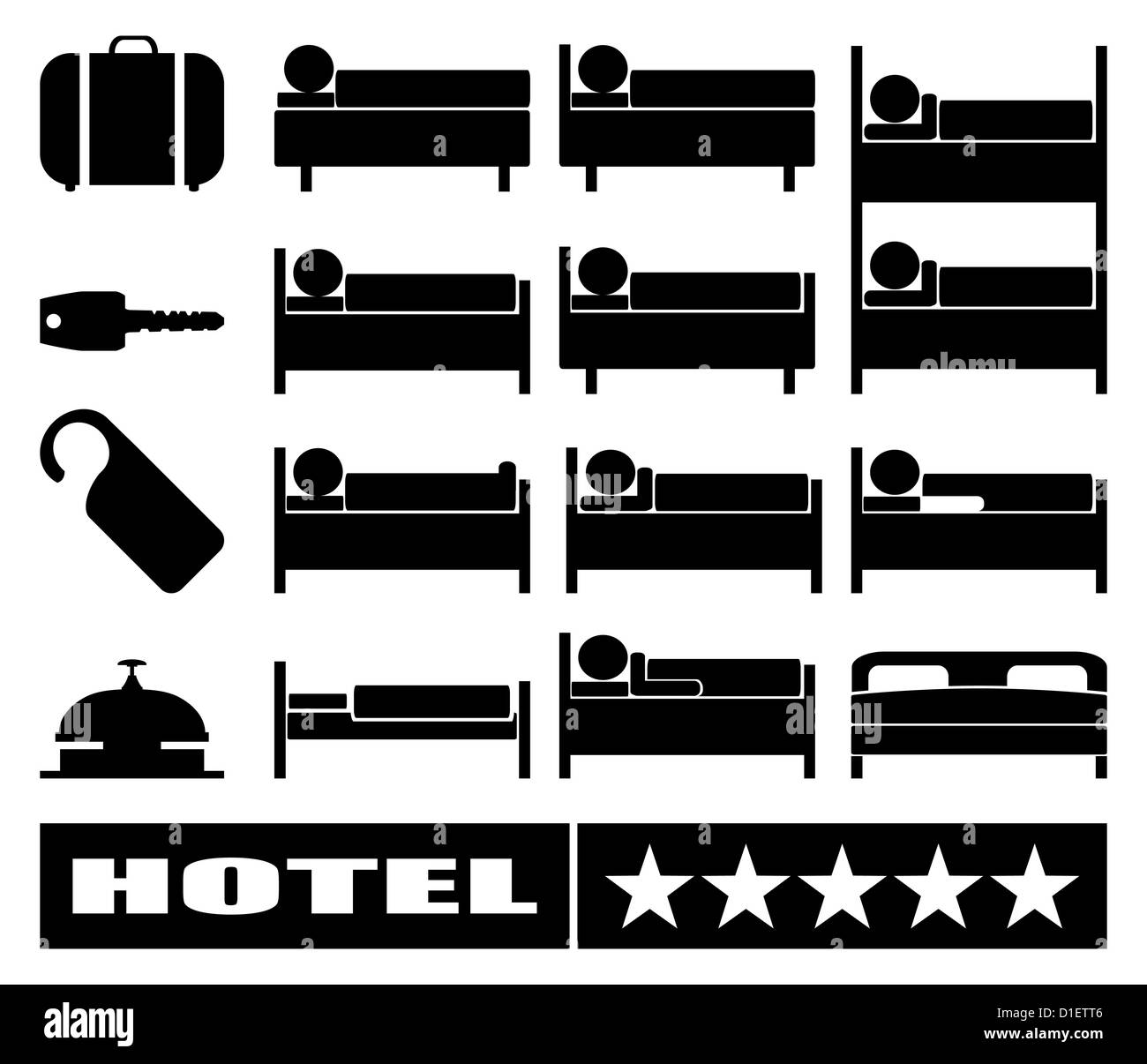 Collection of hotel icons, many bed signs Stock Photo - Alamy