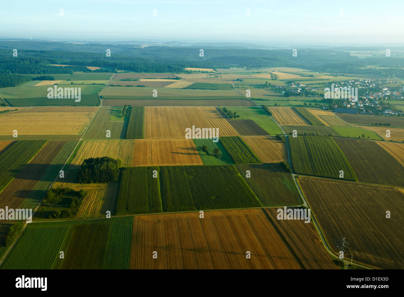 Field landscape with village in the background, Baden-Wuerttemberg ...