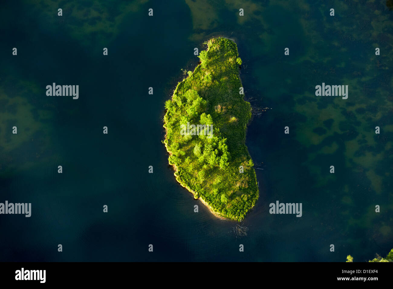Dredging lake with overgrown island, aerial photo Stock Photo - Alamy