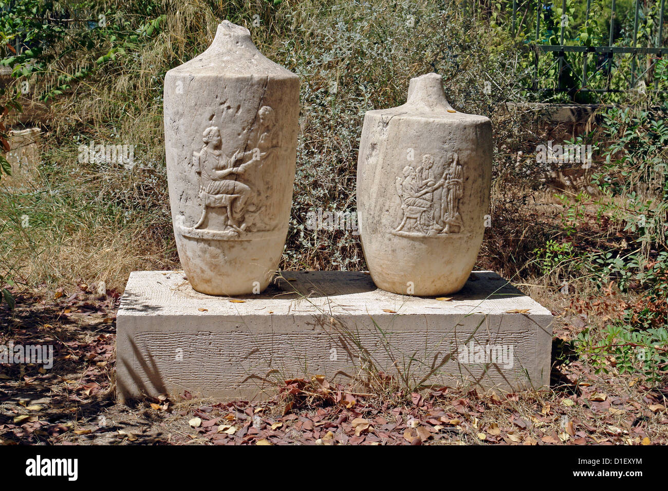 Two urns on antique cemetery, Kerameikos, Athens, Greece Stock Photo ...