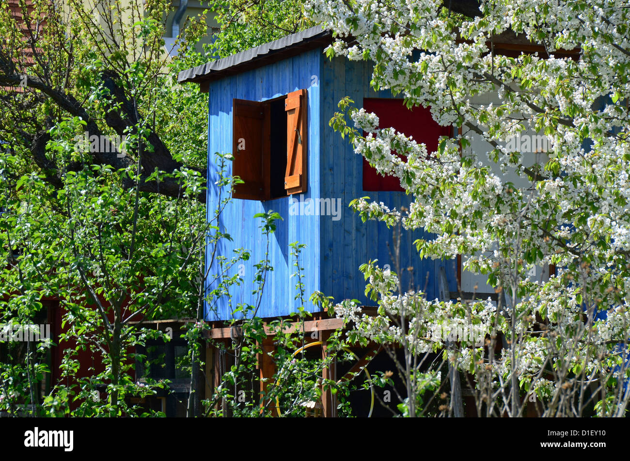 Tree house in blossoming cherry tree Stock Photo - Alamy
