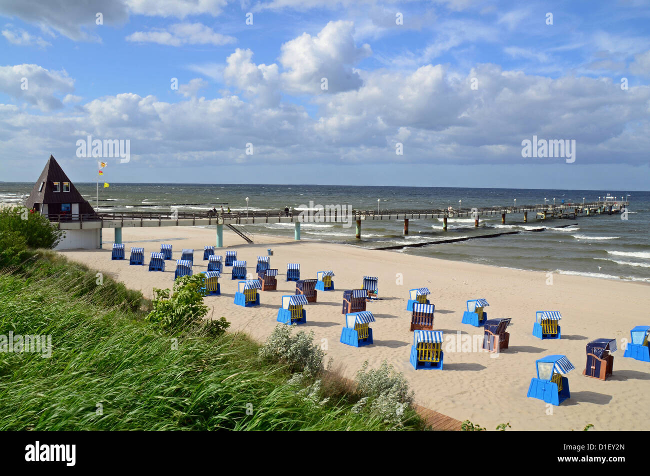 Beach chairs and pier on the beach of Koserow, Usedom, Germany Stock ...
