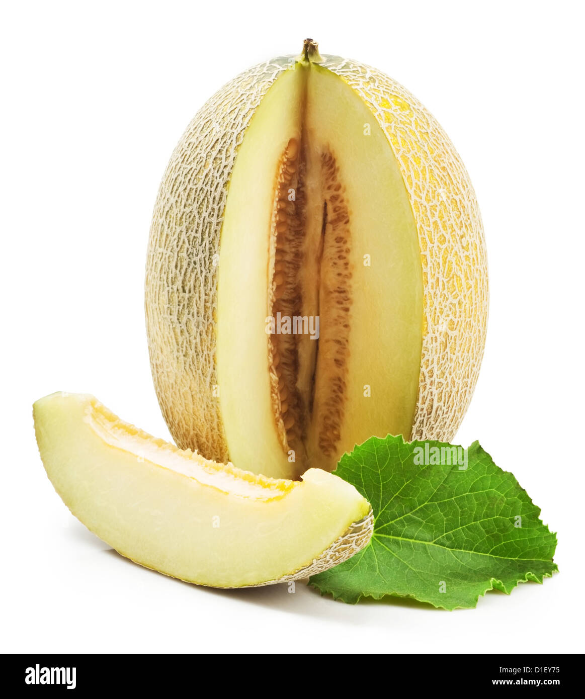 Ripe melon with sliced over white background Stock Photo - Alamy