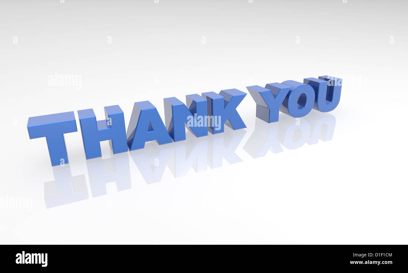 blue thank you 3d letters on a white background with a white reflection ...