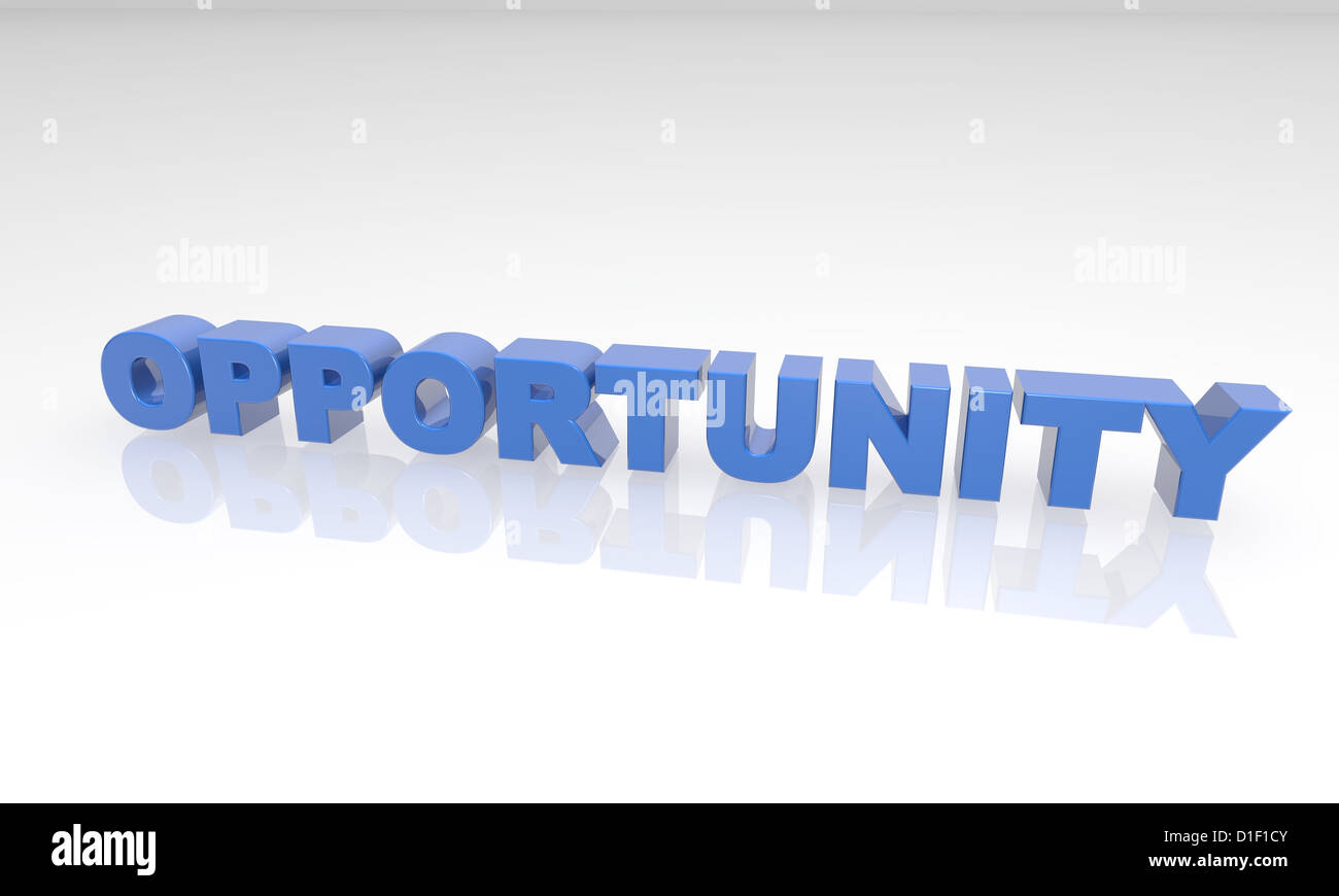 3D blue text that says opportunity on a white background with a ...