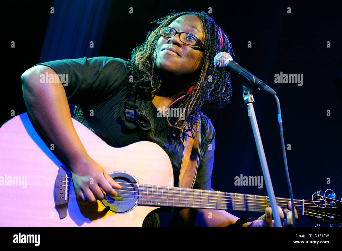 Singer-songwriter Melissa Laveaux performing in Poland during a fund ...