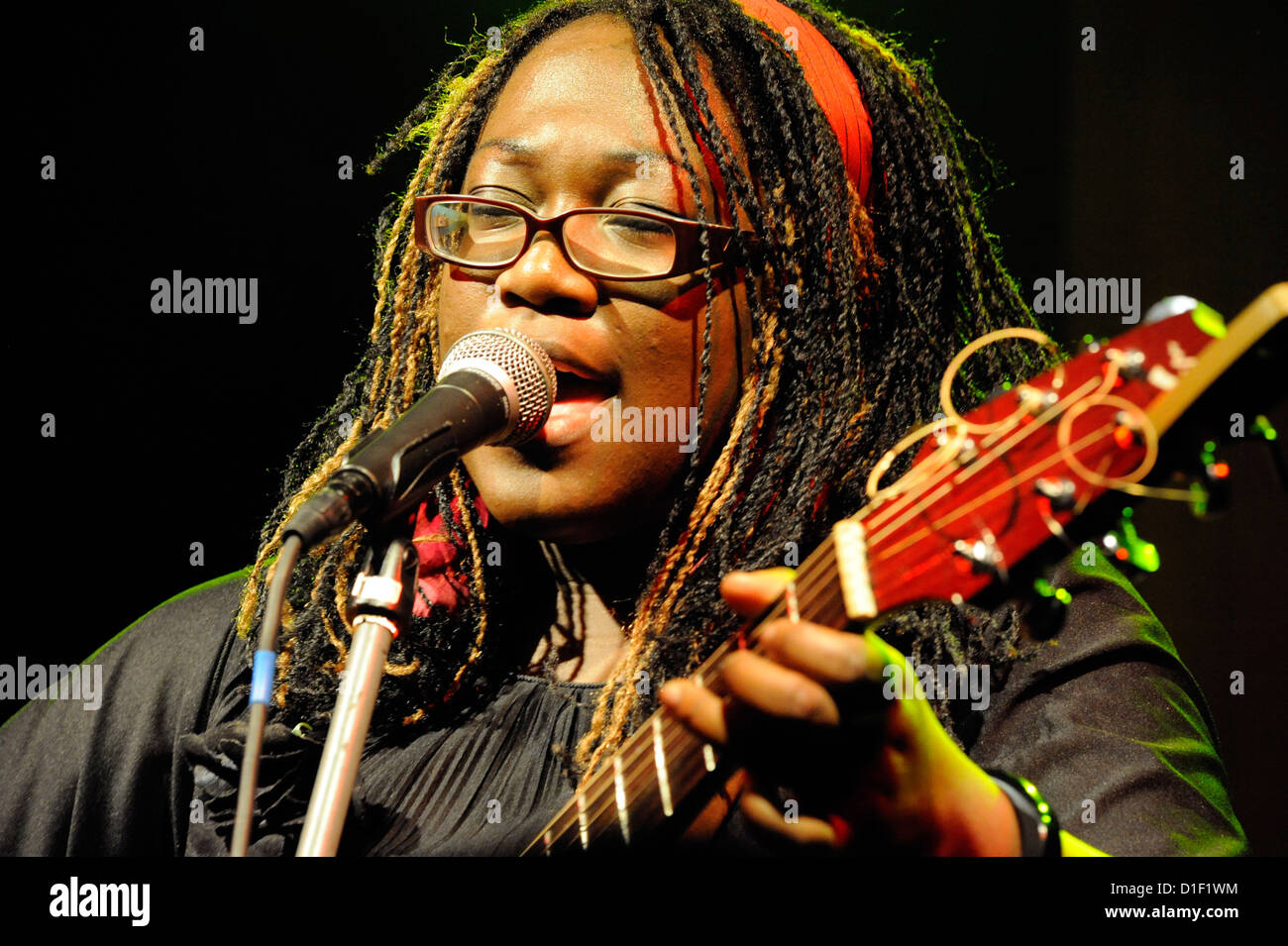 Singer-songwriter Melissa Laveaux performing in Poland during a fund ...