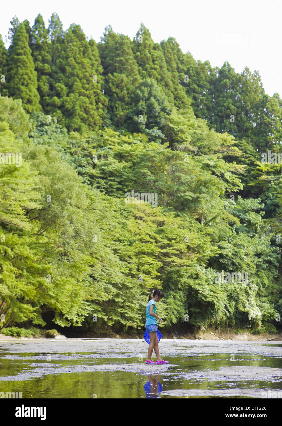 Girl holding a brail net playing in a river Stock Photo - Alamy