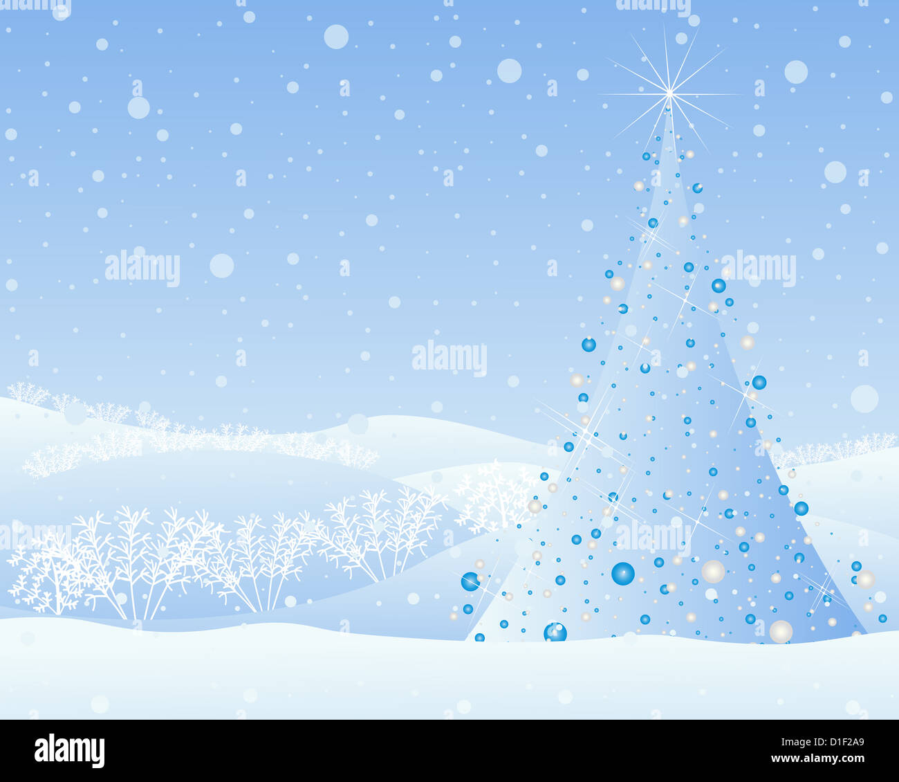 an illustration of an ice blue Christmas tree in a winter landscape ...