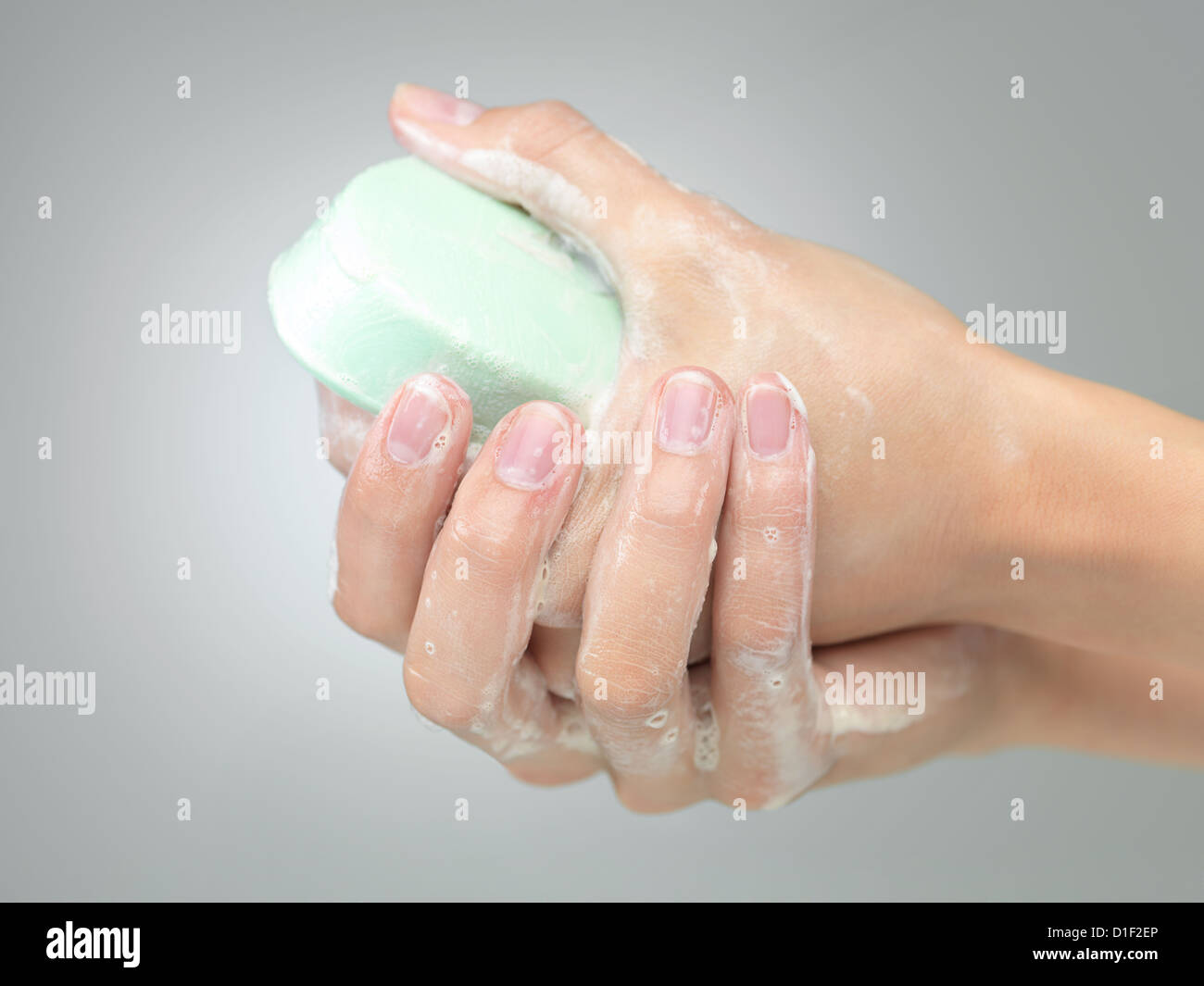 female women washing her hands with soap on grei gradient background ...