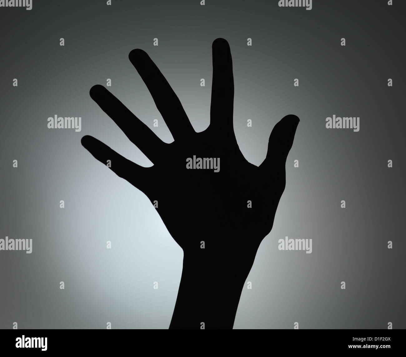 hand silhouette with fingers spread backlit on grey gradient background ...