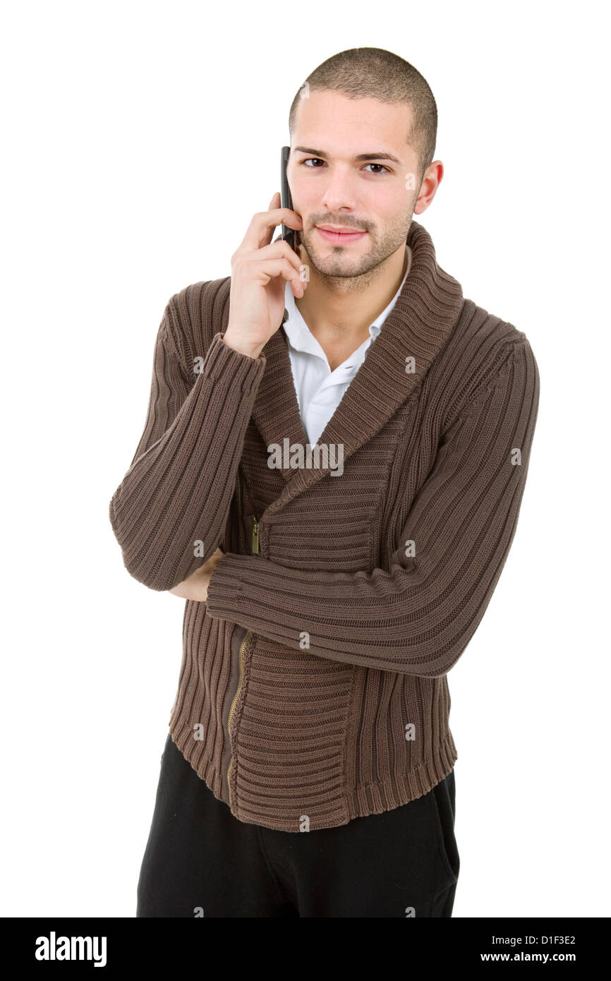 young man with a phone, isolated on white Stock Photo - Alamy