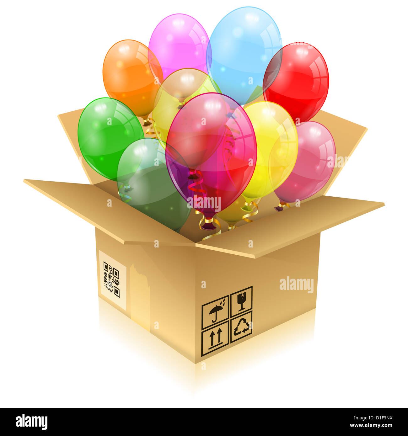 Open Cardboard Box with 3D Transparent Birthday Balloons with Streamer ...