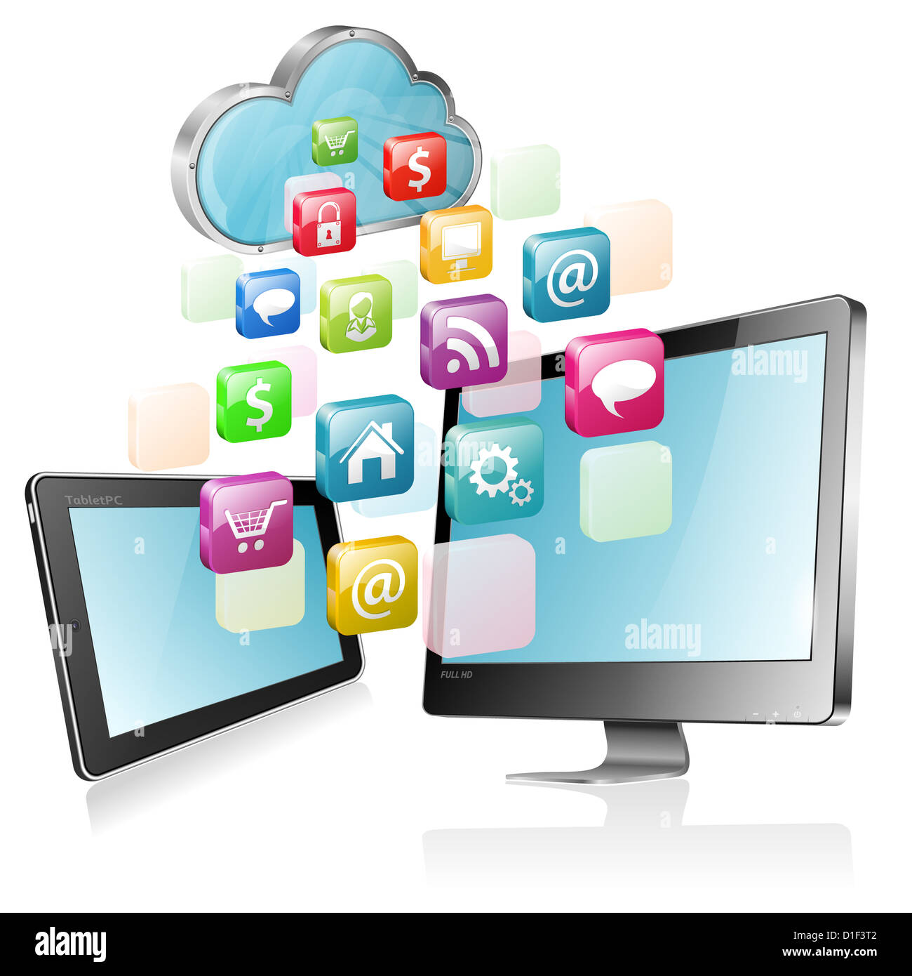 Cloud Computing Concept - Cloud with Tablet PC, Full HD Monitor and ...