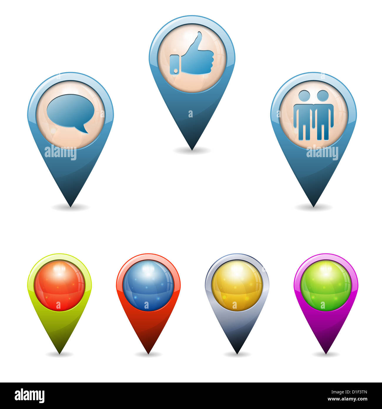 Set 3D Map Pointers with Social Media Icons - Speech Bubbles, Like ...