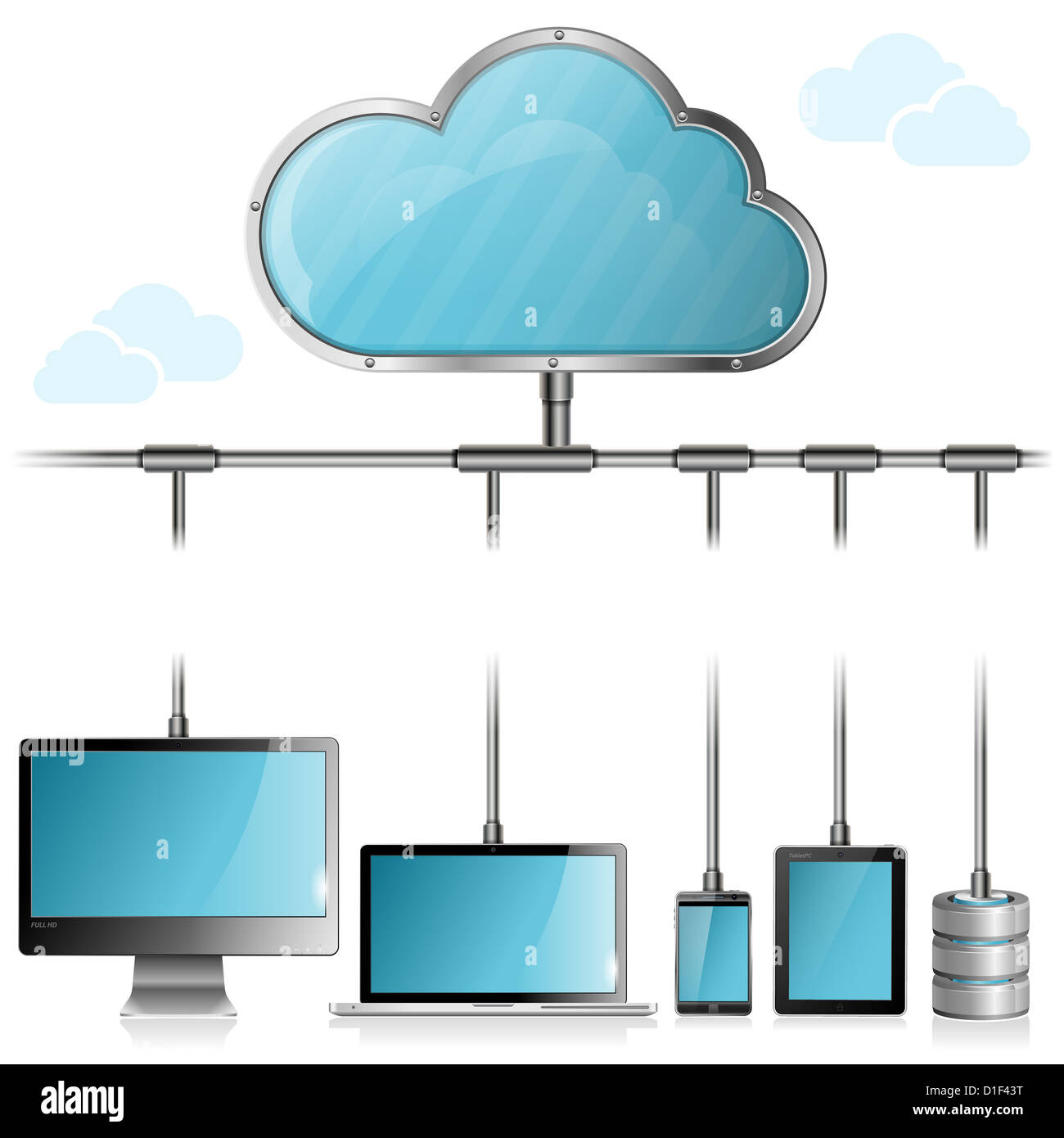 Cloud Computing Concept - Cloud with Tablet PC, Smartphone, Laptop, Database and Monitor icon ...