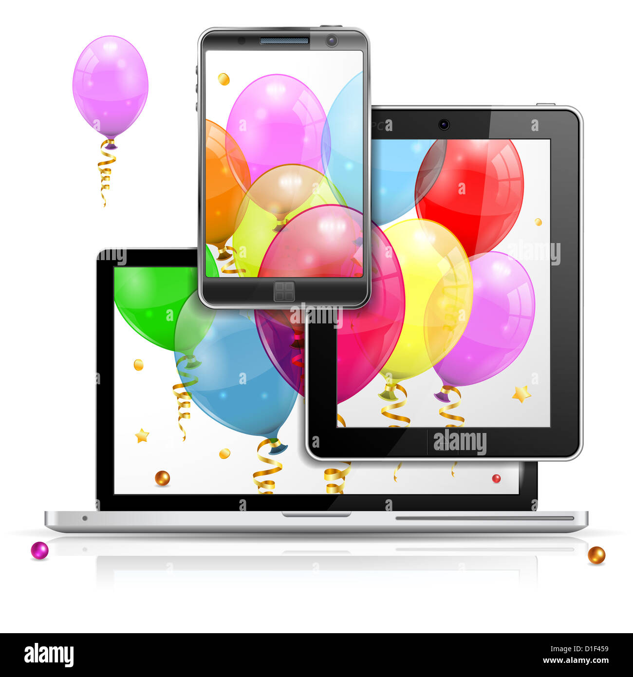 Birthday Balloons on Laptop Screen, Tablet PC and Smartphone, isolated ...