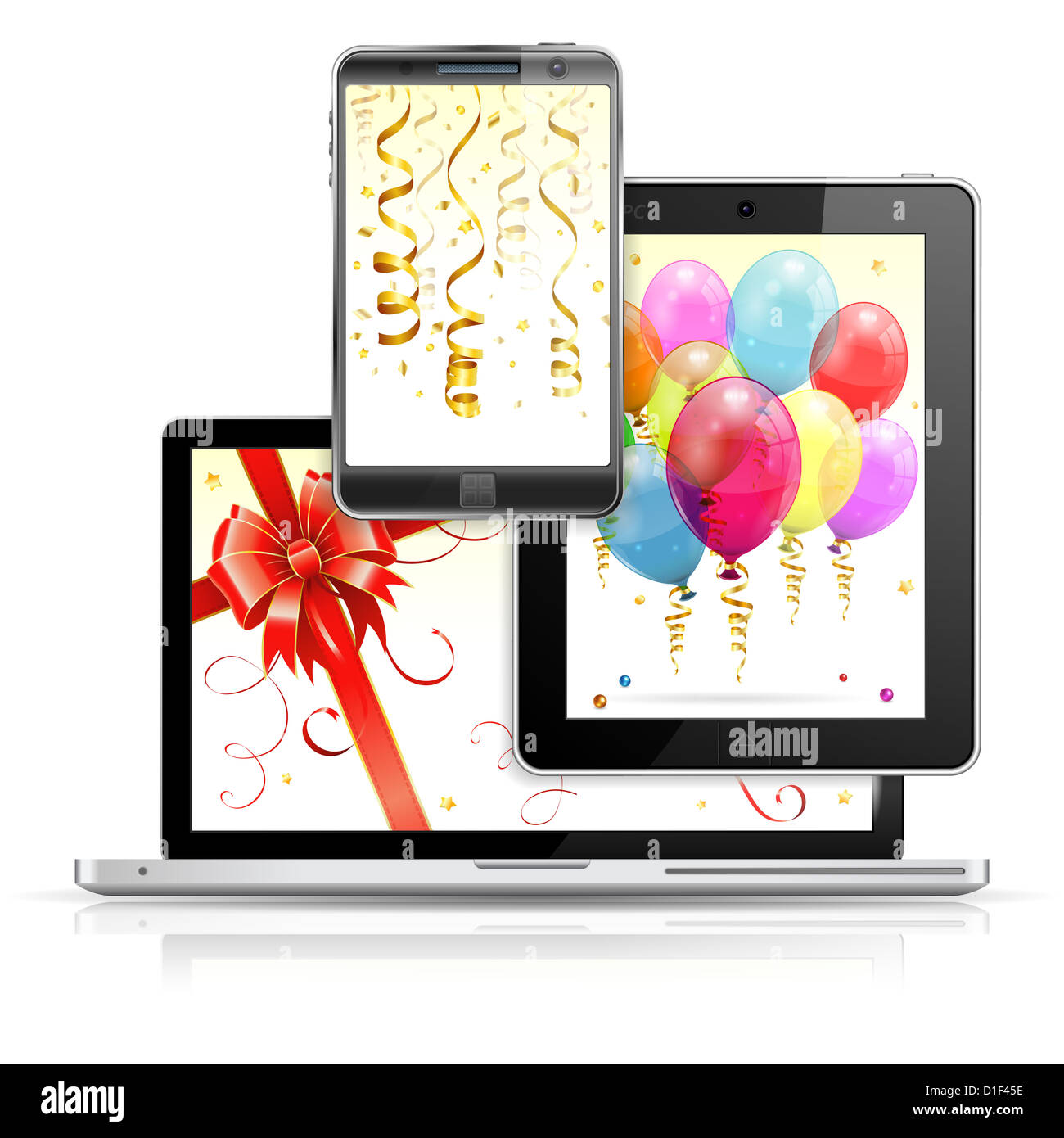 Birthday Balloons, Streamer and Bow on Laptop Screen, Tablet PC and ...